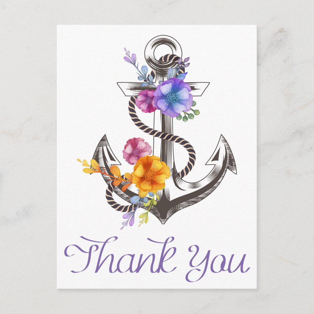 Nautical Thank You Boat Anchor Floral Postcard | Zazzle