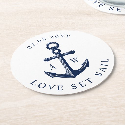 Nautical Theme Anchor Custom Monograms Round Paper Coaster | Zazzle