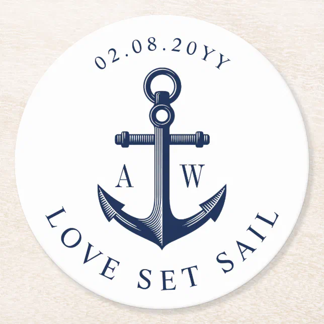 Nautical Theme Anchor Custom Monograms Round Paper Coaster | Zazzle