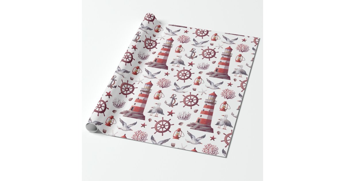 Nautical Theme - Lighthouse, Coral, Marine Life Wrapping Paper | Zazzle