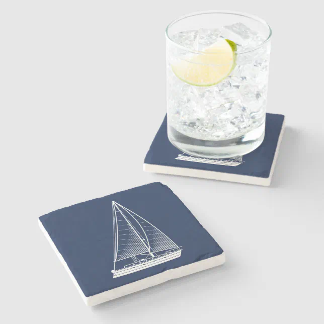 Nautical Theme Sailboat White|Navy Stone Coaster | Zazzle
