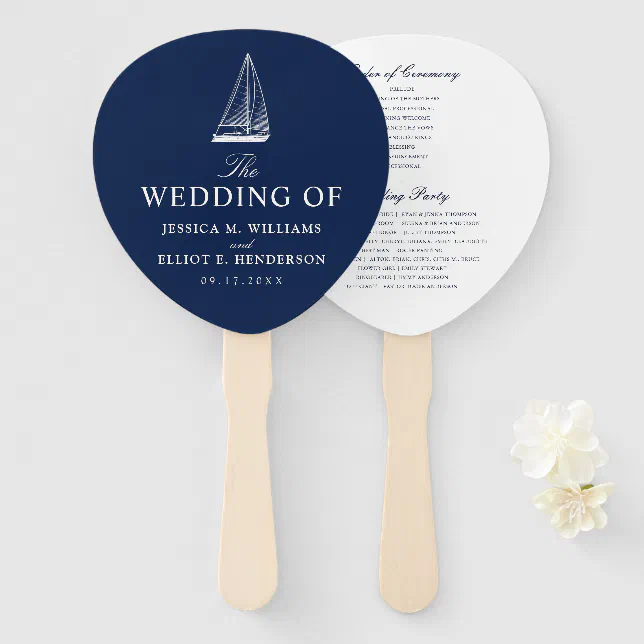 Nautical Theme Wedding Sailboat Custom Navy Hand Fan | Zazzle