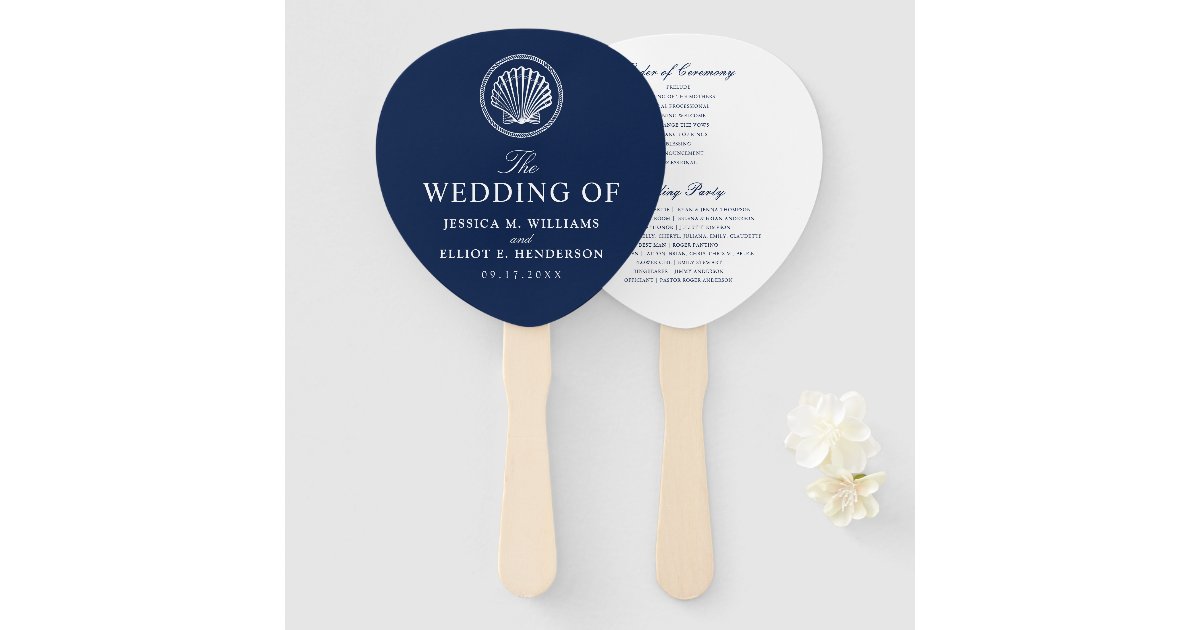 Nautical Theme Wedding Seashell Custom Navy Hand Fan | Zazzle