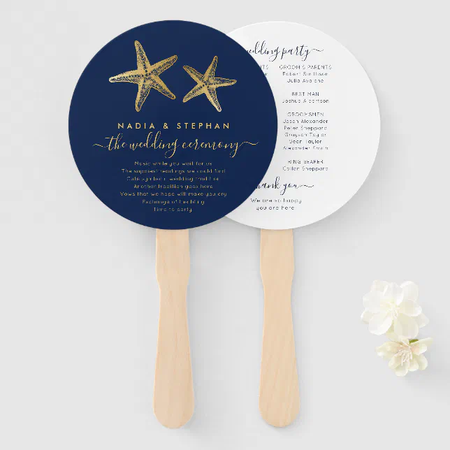 Nautical Theme Wedding Starfish Gold Navy Blue Hand Fan | Zazzle