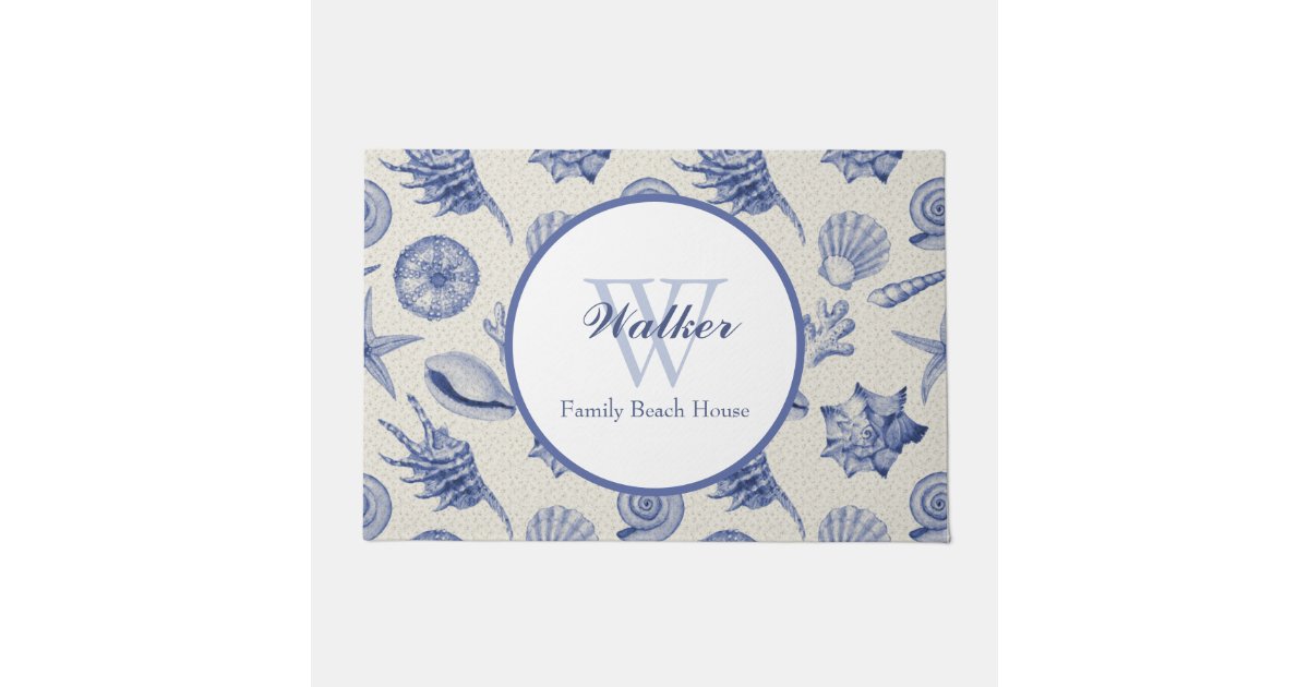 Nautical Themed Blue Seashell Custom Doormat | Zazzle
