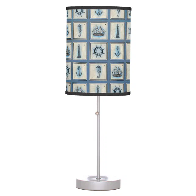 Nautical Tiles | Blue Lighthouse Anchor Ship Wheel Table Lamp | Zazzle