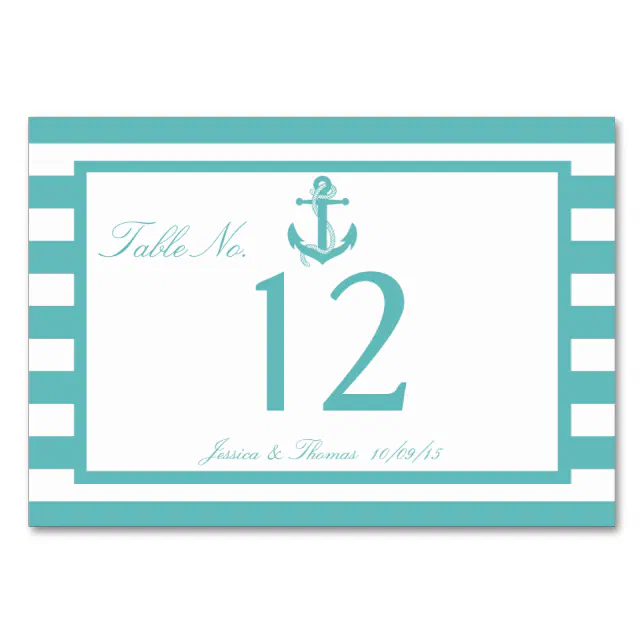 Nautical Turquoise Stripe Anchor Wedding Number Table Number | Zazzle