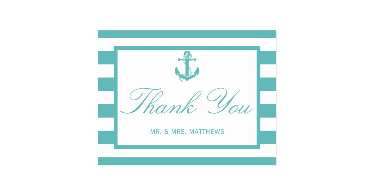 Nautical Turquoise Stripe Anchor Wedding Postcard | Zazzle.com