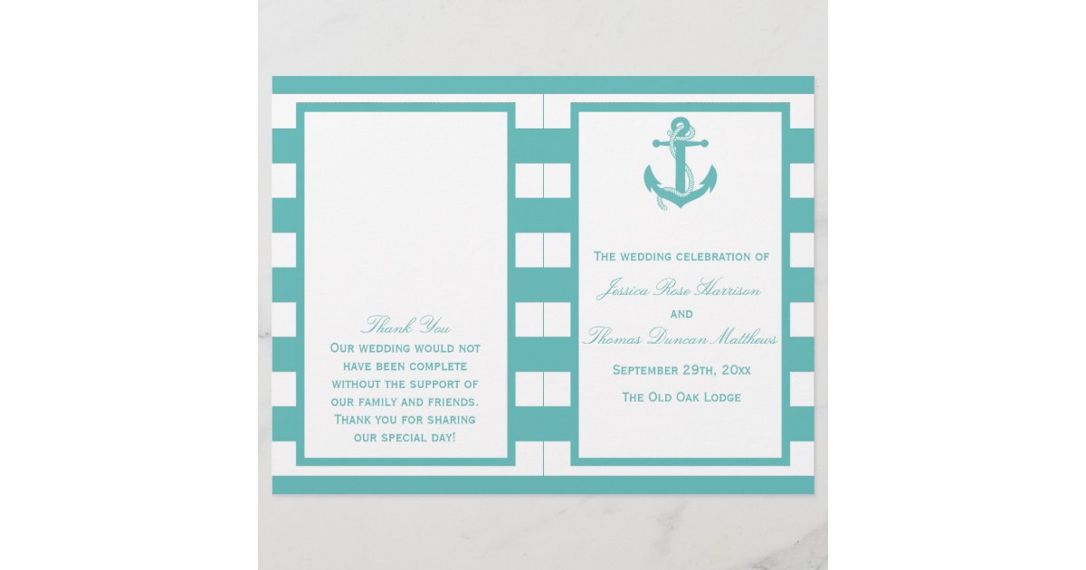 Nautical Turquoise Stripe Anchor Wedding Program | Zazzle