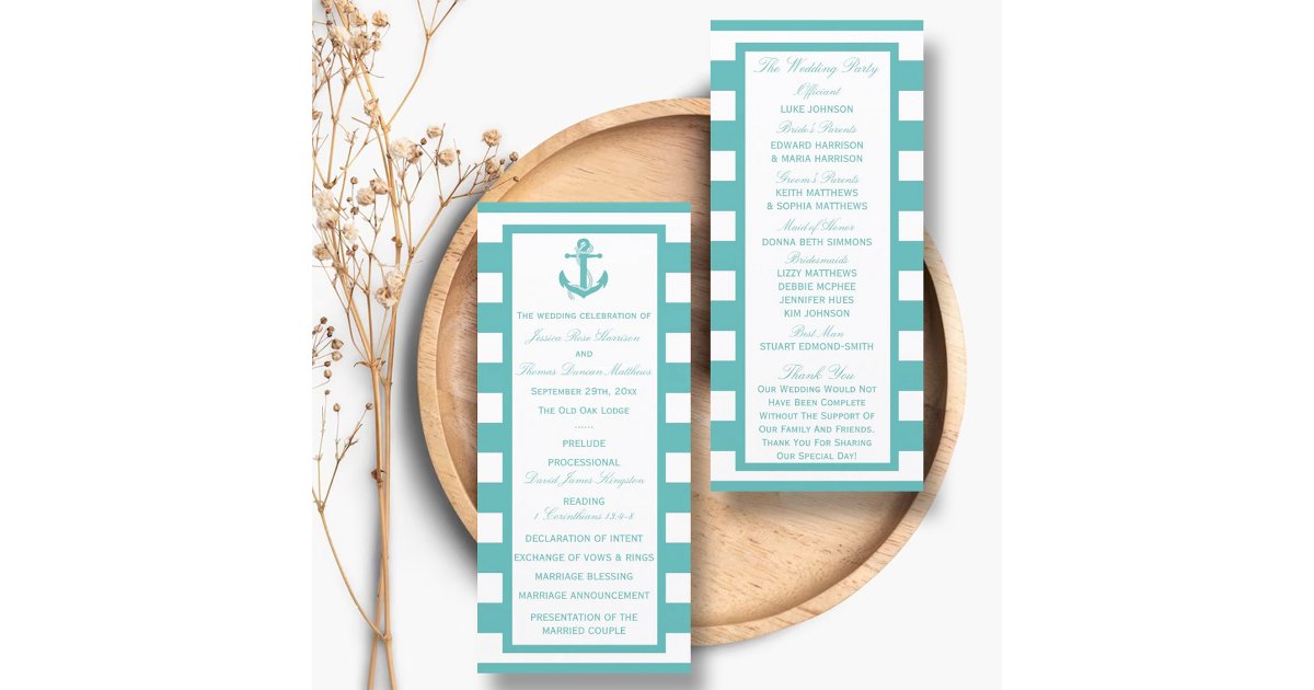 Nautical Turquoise Stripe Anchor Wedding Program | Zazzle