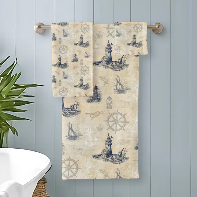 Nautical Vintage Lighthouses Sailboats Bath Towel Set | Zazzle