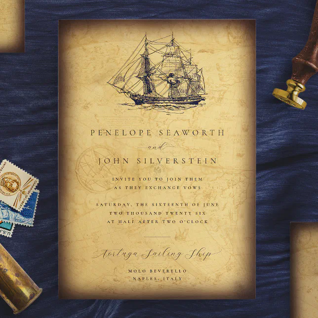 Nautical Vintage Map Ship Illustration Wedding Invitation | Zazzle