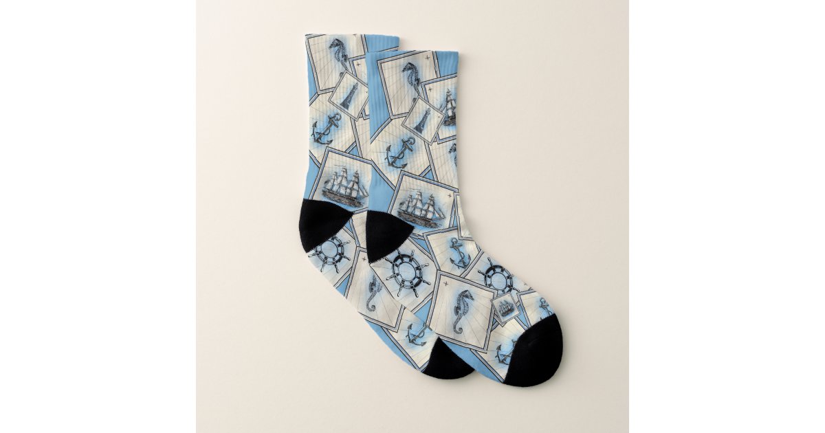 Nautical vintage sailing illustrations collage socks | Zazzle