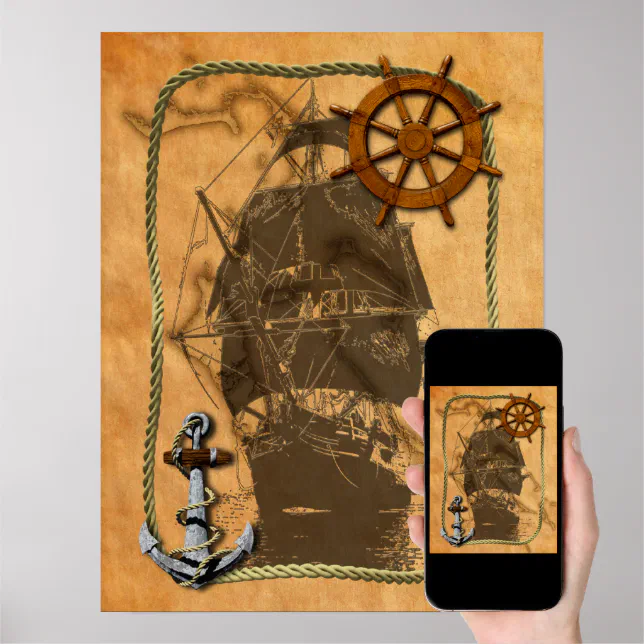 Nautical Vintage Ship And Map Poster | Zazzle