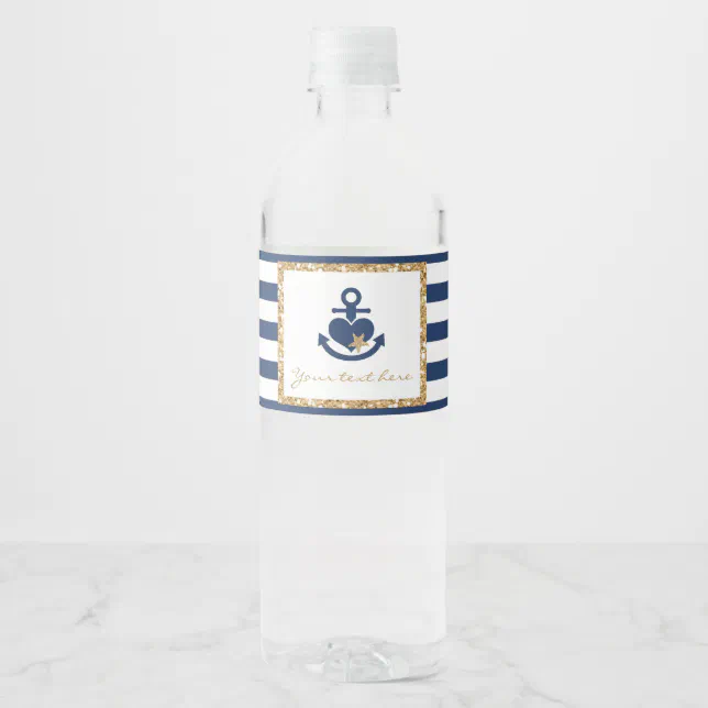 Nautical Water Bottle Labels-Navy & Gold Water Bottle Label | Zazzle