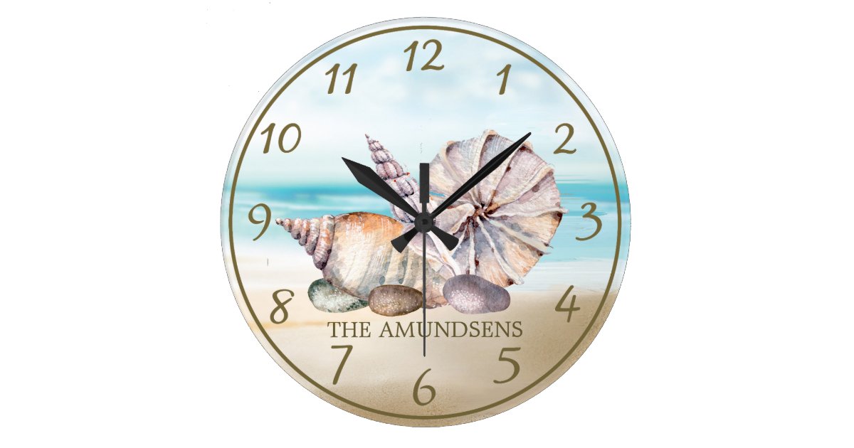 Nautical Watercolor Beach Seashells Large Clock | Zazzle