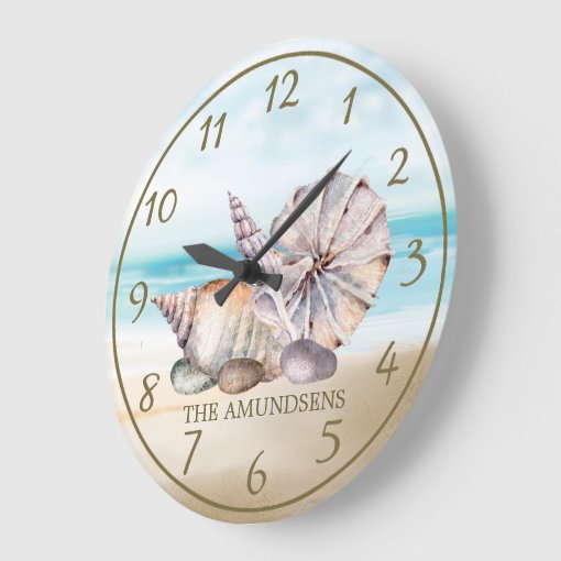 Nautical Watercolor Beach Seashells Large Clock | Zazzle