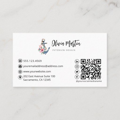 Nautical Watercolor QR Code Modern Business Card | Zazzle