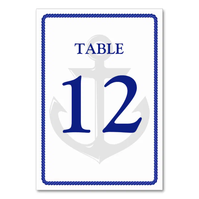 Nautical Wedding Blue White Anchor Illustration Table Number | Zazzle