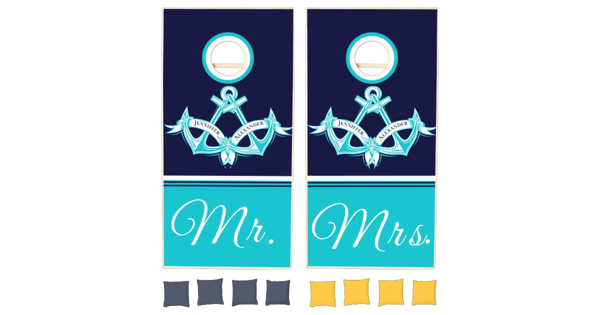 Nautical Wedding Coastal Couple Mr Mrs Teal Navy Cornhole Set | Zazzle
