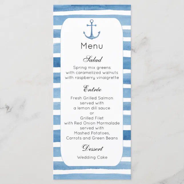 Nautical wedding dinner menu Beach menu party Blue | Zazzle