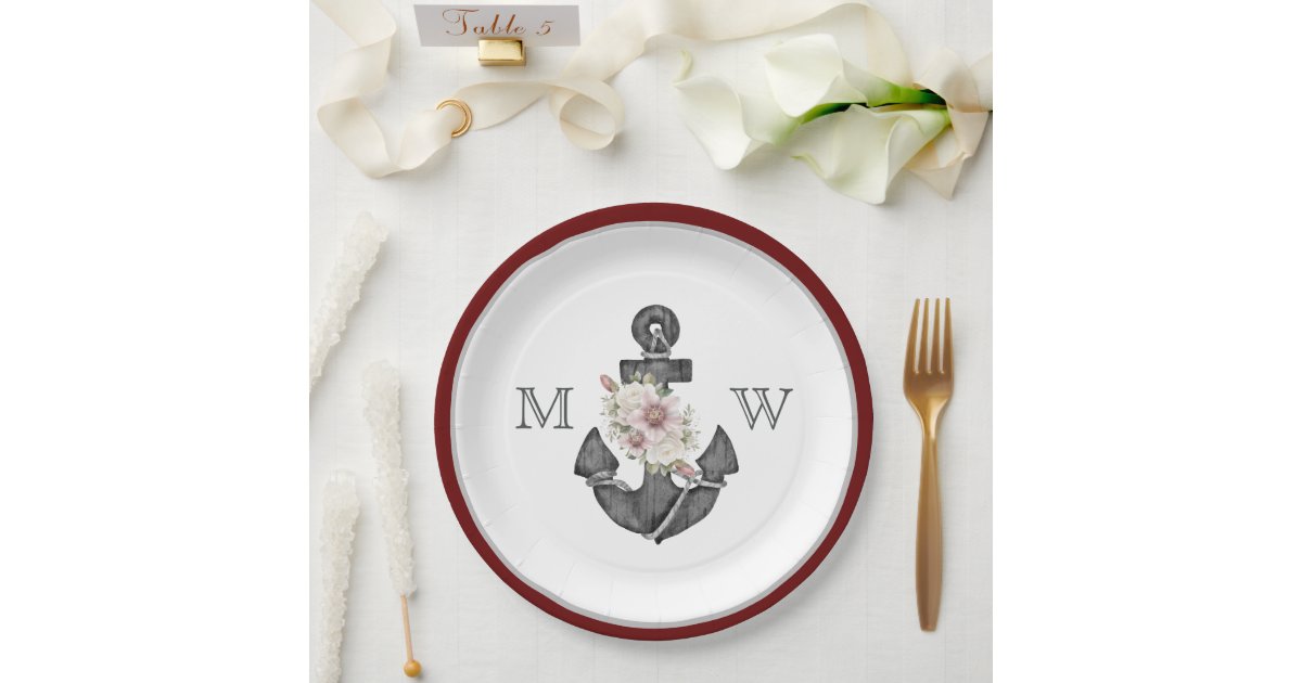Nautical Wedding Floral Anchor Maroon Red White Paper Plates | Zazzle