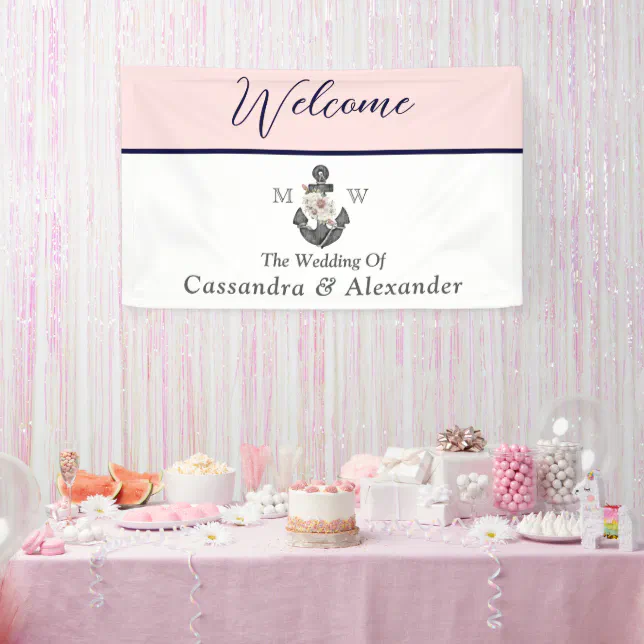 Nautical Wedding Floral Anchor Pink Navy Welcome Banner | Zazzle