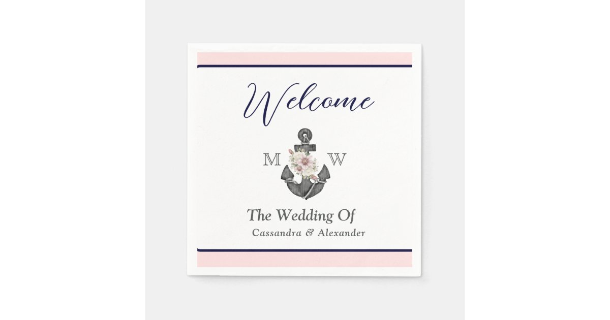 Nautical Wedding Floral Anchor Pink Navy Welcome Napkins | Zazzle