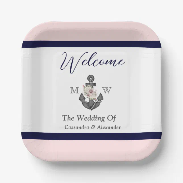 Nautical Wedding Floral Anchor Pink Navy Welcome Paper Plates | Zazzle