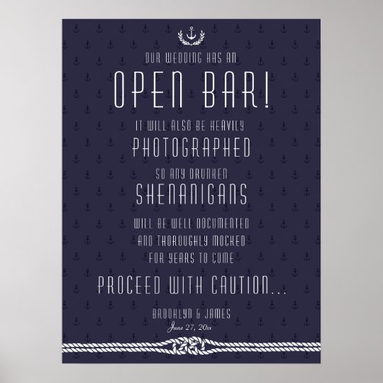 Nautical Wedding Open Bar Sign 18x24 Blue Anchors | Zazzle.com