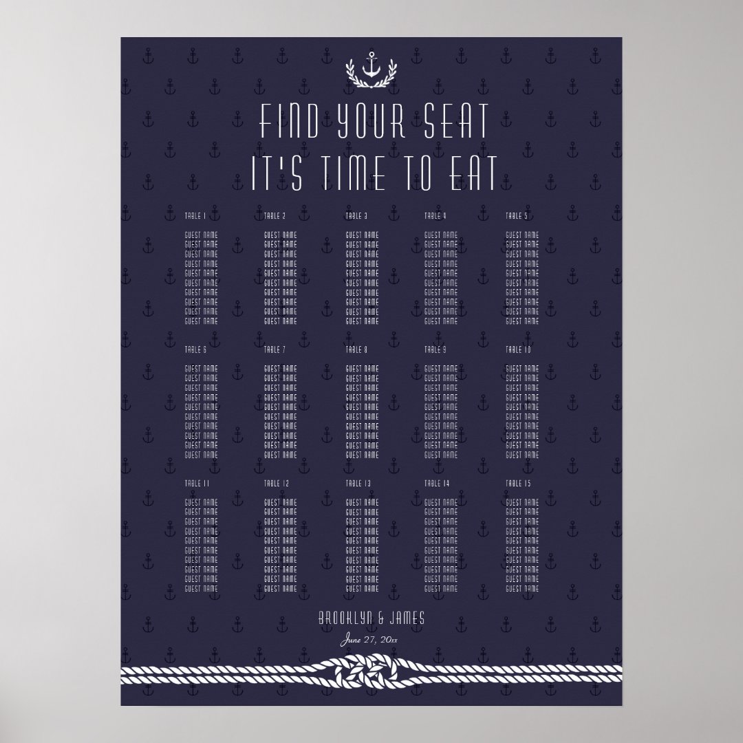 Nautical Wedding Seating Chart Blue Anchors | Zazzle