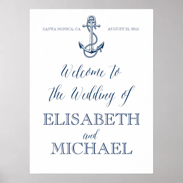 Nautical Wedding Welcome sign, navy blue and white Poster | Zazzle