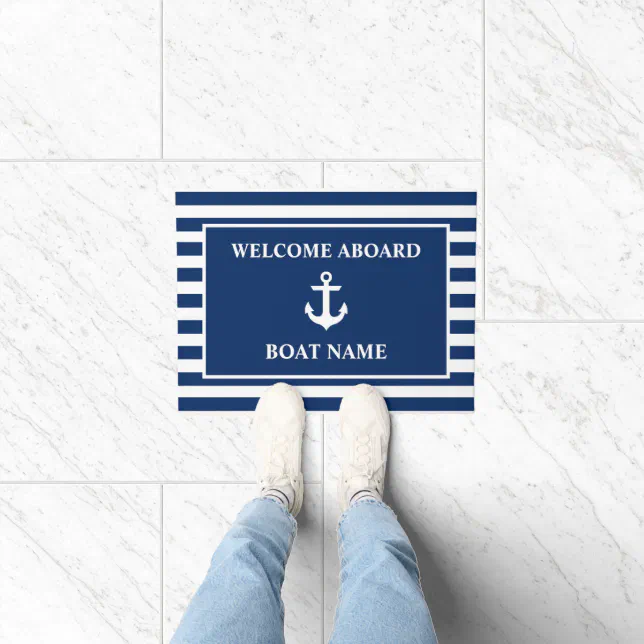 Nautical Welcome Aboard Anchor Navy Blue Striped Doormat | Zazzle