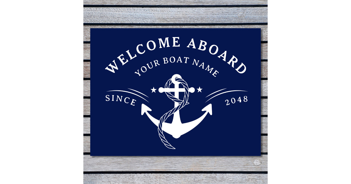 Nautical Welcome Aboard Boat Name Anchor Navy Blue Doormat | Zazzle