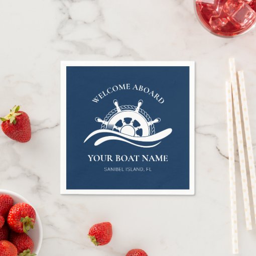 Nautical Welcome Aboard Boat Name Ship Wheel Napkins | Zazzle