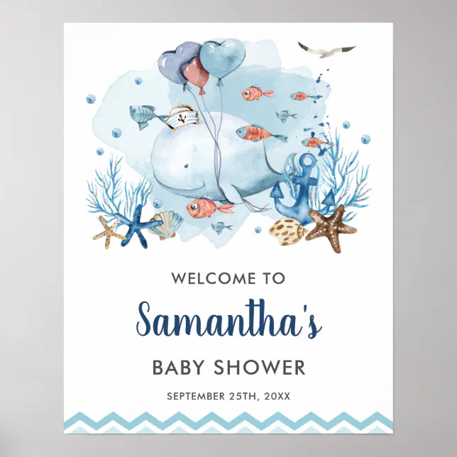 Nautical Whale Under the Sea Baby Shower Welcome Poster | Zazzle