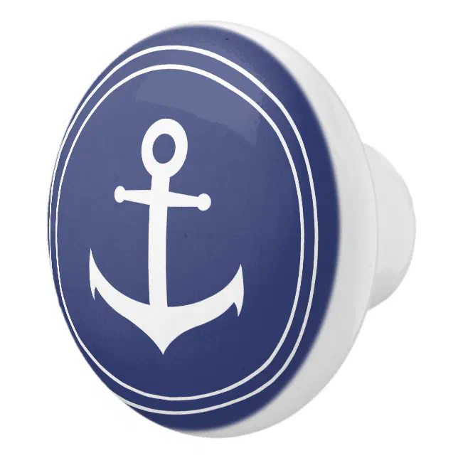 Nautical | White Anchor in Dark Blue Circle Ceramic Knob | Zazzle