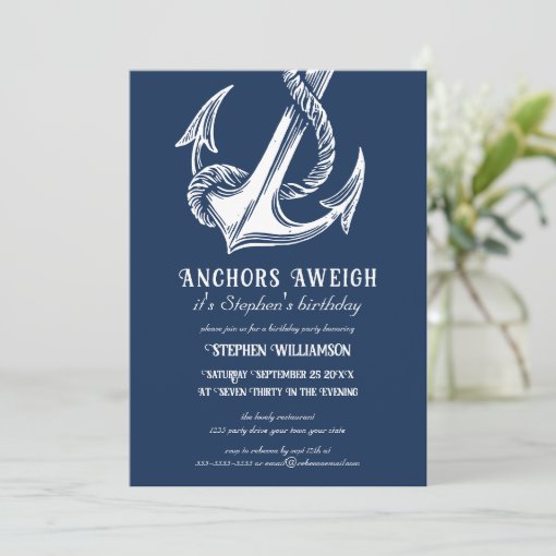 Nautical White Anchor on Navy Birthday Party Invitation | Zazzle