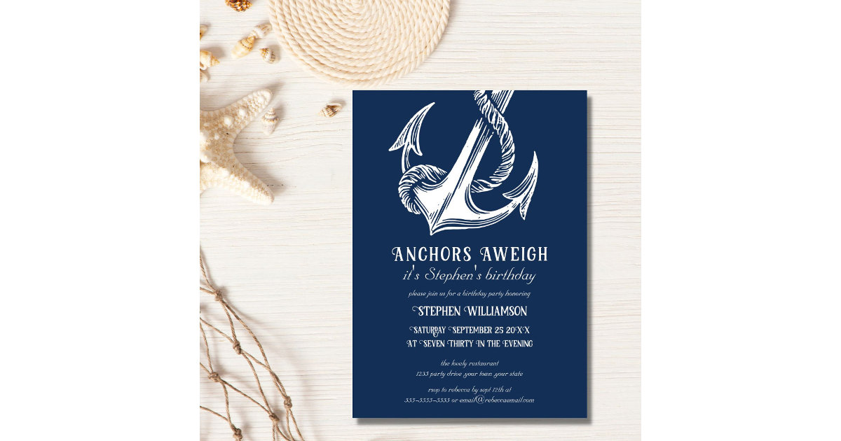 Nautical White Anchor on Navy Birthday Party Invitation | Zazzle