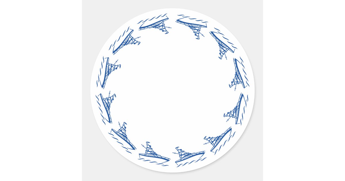 Nautical white blue boats border frame blank favor classic round ...