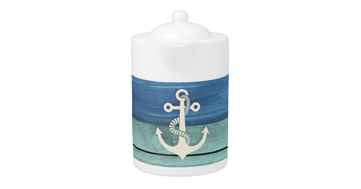 Nautical Wood Turquoise Blue White Anchor Teapot | Zazzle