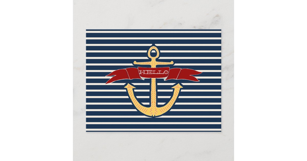 Nautical Yellow Anchor Stripes Postcard | Zazzle