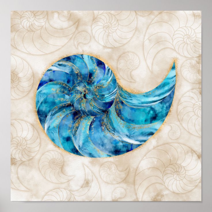 Nautilus Shell Blue watercolor Poster | Zazzle
