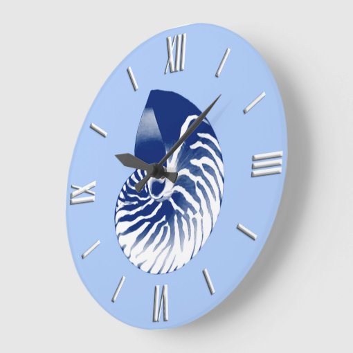 Nautilus shell - navy, white & light blue large clock | Zazzle