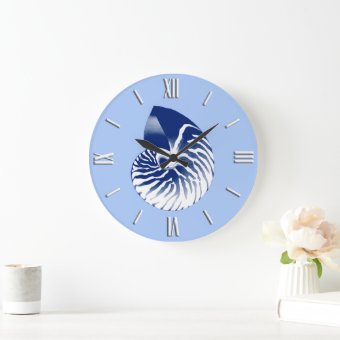 Nautilus shell - navy, white & light blue large clock | Zazzle