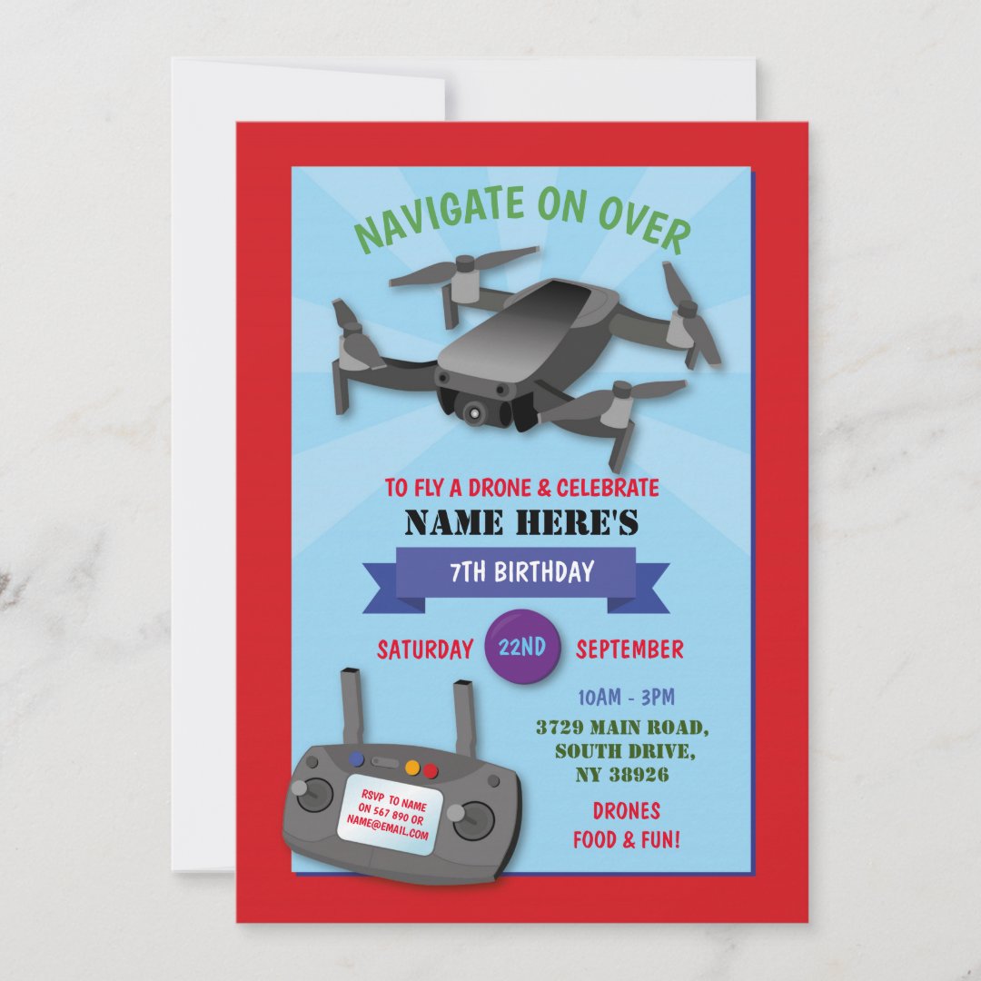 Navigate Drone Birthday Party Fly over Red Blue Invitation | Zazzle