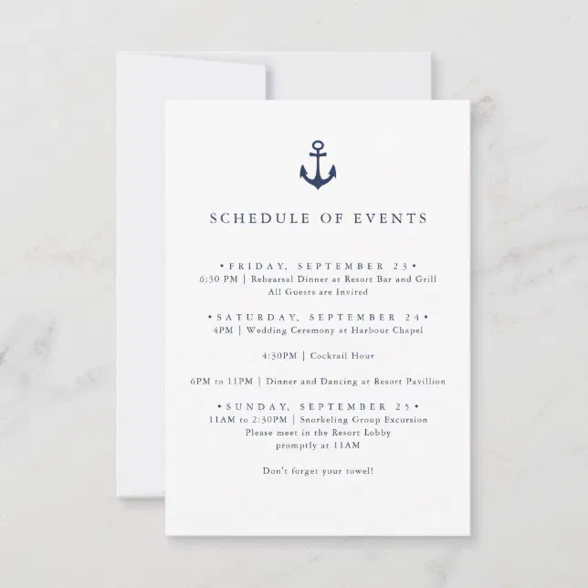 Navy Anchor Nautical Yacht SCHEDULE OF EVENTS Invitation | Zazzle