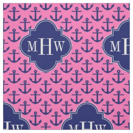 Pink and Navy Nautical Anchor Print Fabric | Zazzle
