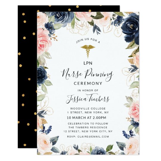 navy and blush floral nurse pinning ceremony invitation | Zazzle.com