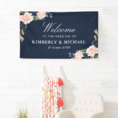 navy and blush floral welcome wedding banner | Zazzle
